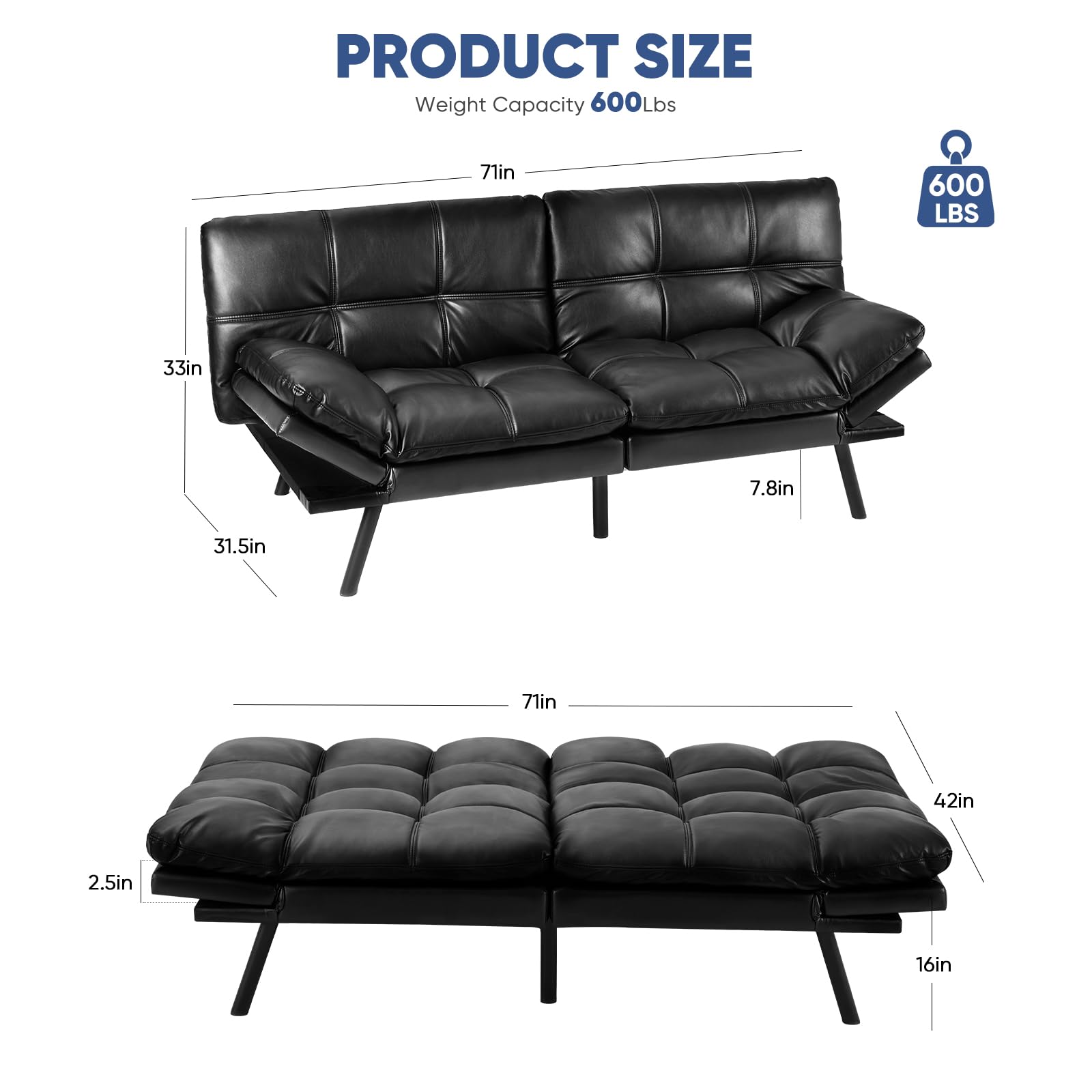 OLIXIS Faux Leather Futon Sofa Bed Couch,Convertible Sofa Bed,Memory Foam Loveseat Sofa,Small Splitback Sofa Sleeper for Office,Living Room,Black