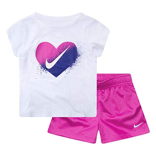 NIKE Girls 2 Piece Short Sleeve Shirt & Shorts Set Outfit Size - White, Magenta Size 6X