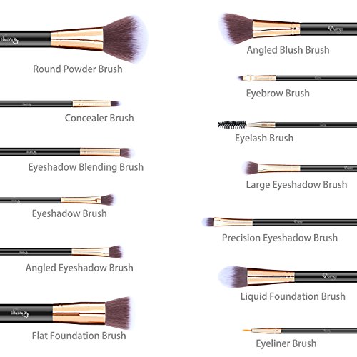 Qivange Makeup Brushes, Professional Foundation Eyeshadow Blending Brushes Set with Brush Holder+ Sponge & Brush Cleaner(Black with Rose Gold, 12pcs)