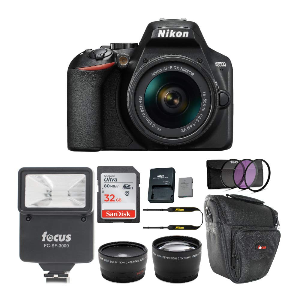 Nikon D3500 DSLR Camera with AF-P DX NIKKOR 18-55mm f/3.5-5.6G VR Lens- Bundle with DSLR Case, 32GB Card, Flash, Filters, Accessories