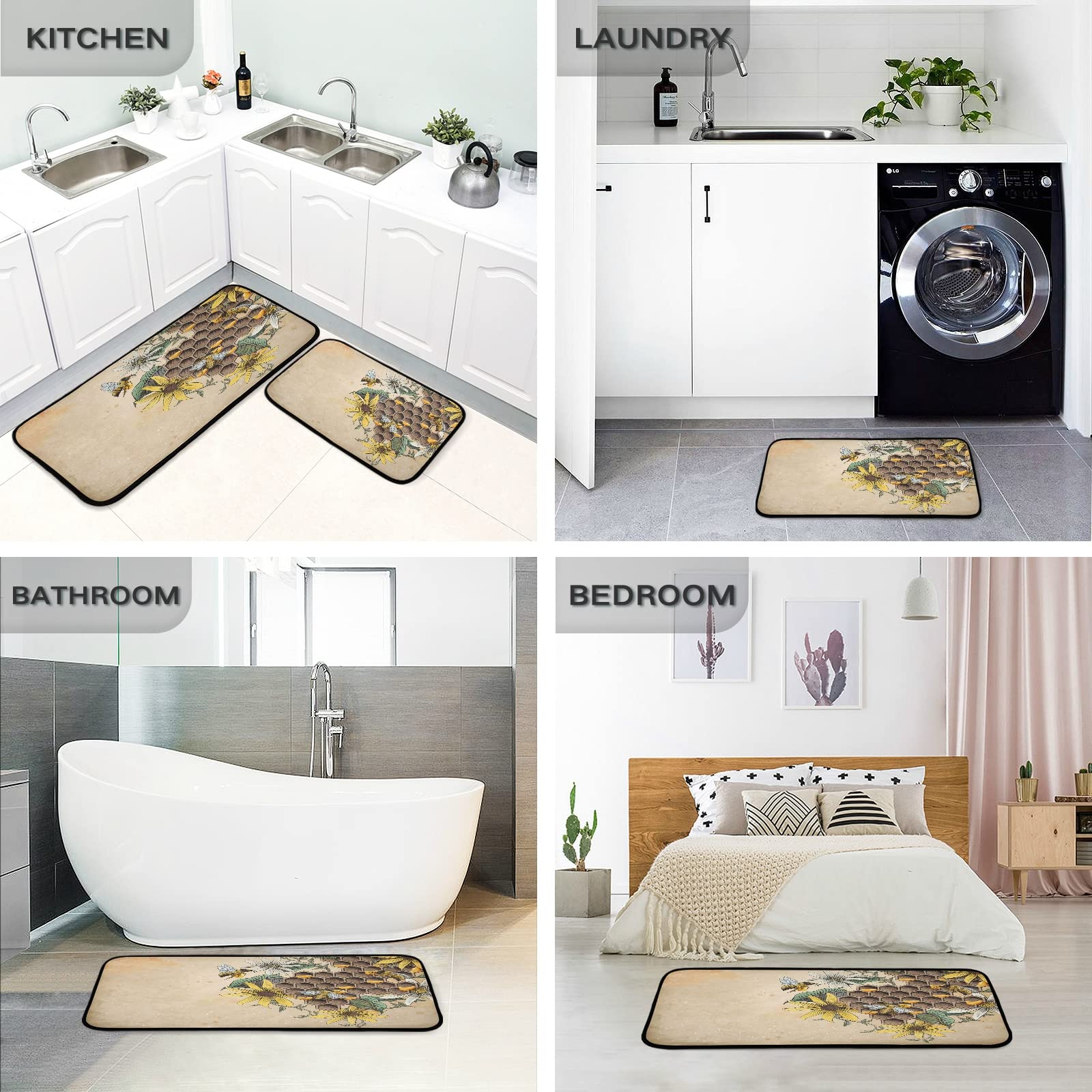 ALAZA Honey Bee Flower Vintage 2 Piece Kitchen Rug Floor Mat Set Runner Rugs Non-Slip for Kitchen Laundry Office 20" x 28" + 20" x 48"