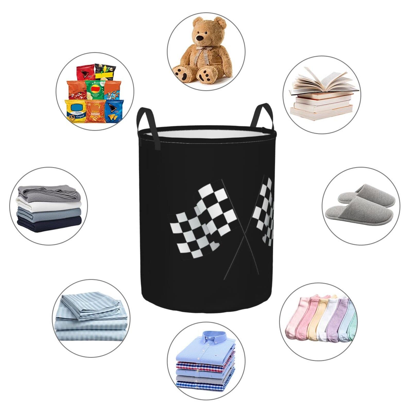 Checkered Flags Race Car Flag Laundry Basket Laundry Basket with Handle Waterproof Round Oxford Cloth Laundry Basket Storage Basket