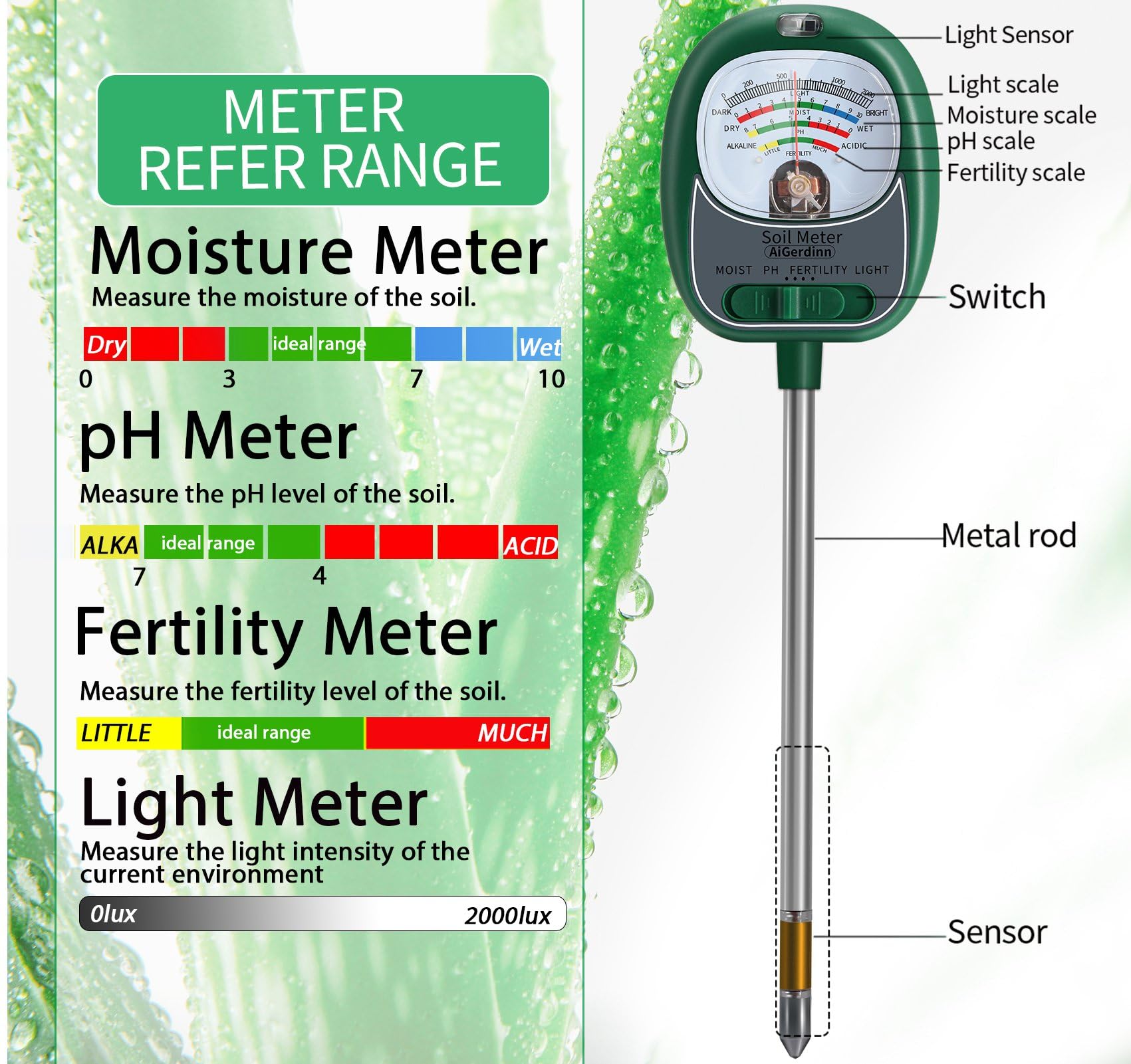 AiGerdinn Soil Test Kit, Soil Moisture Meter/Light/Fertility/Soil PH Meter for Gardening, No Need Battery Soil Tester for Indoor&Outdoor Garden,Farm,Lawn -GrassGreen