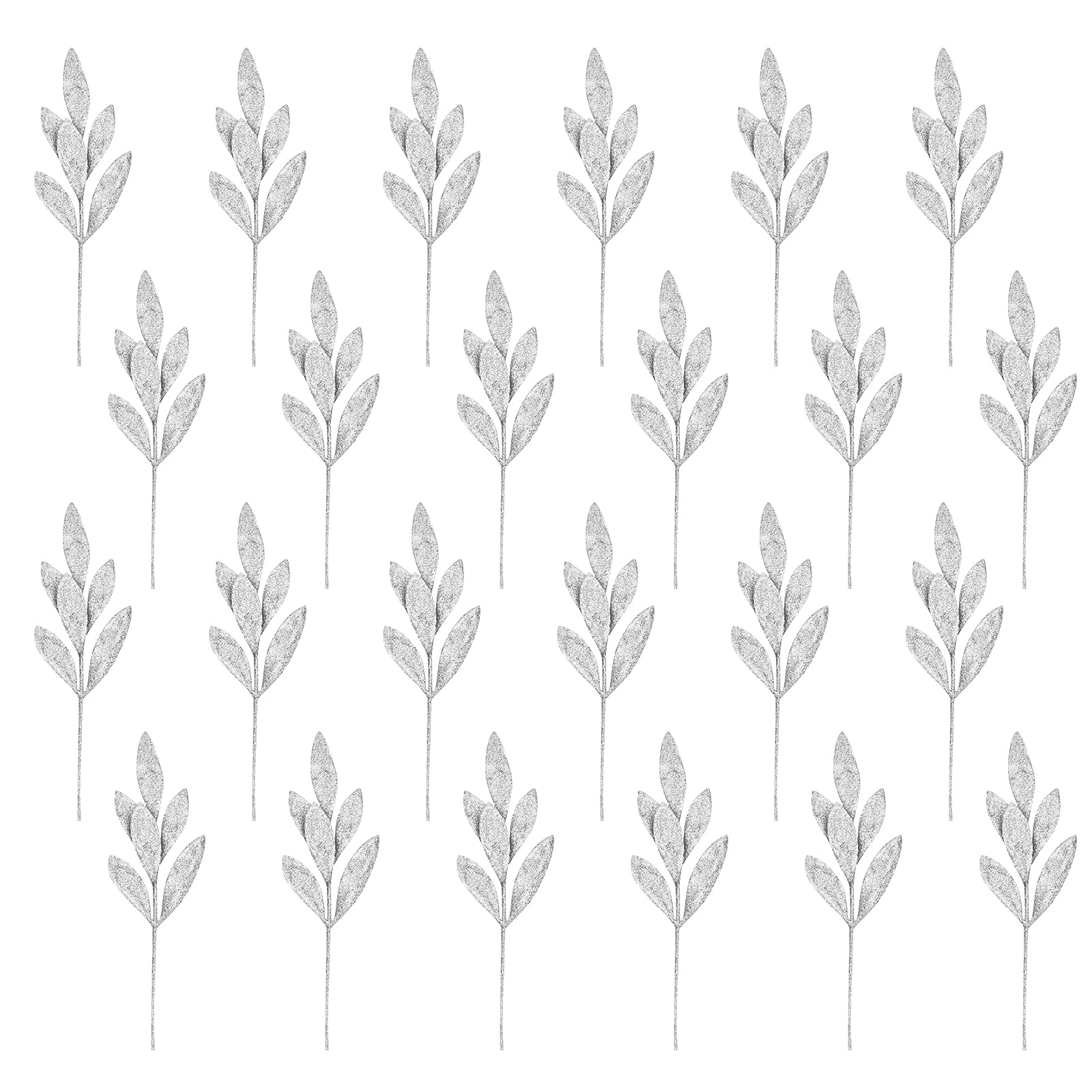 Dolicer 24PCS Artificial Silver Glitter Leaf Fake Plants Silver Leaves Christmas Glitter Leaf Spray Christmas Floral Vase Arrangement Bouquets for Christmas Tree Wedding Home Garden Party Gift Decor