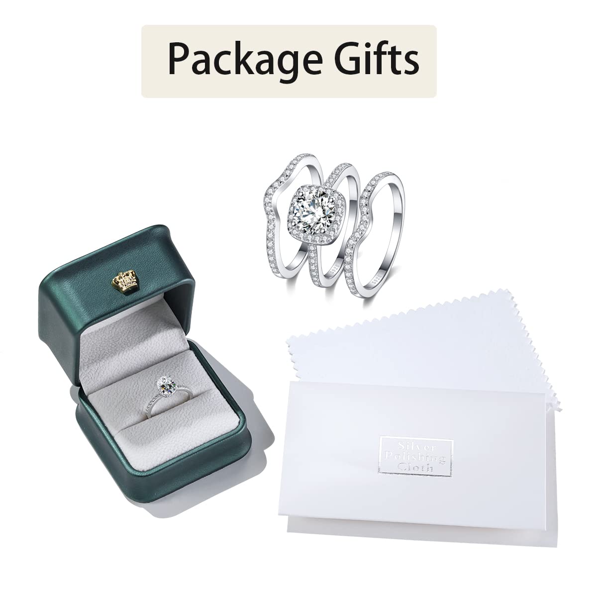 925 Sterling Silver 3 Pcs Bridal Ring Sets Round Cut CZ Engagement Rings for Women Wedding Bands for Women Size 6 7 8 9 (Silver, 6)
