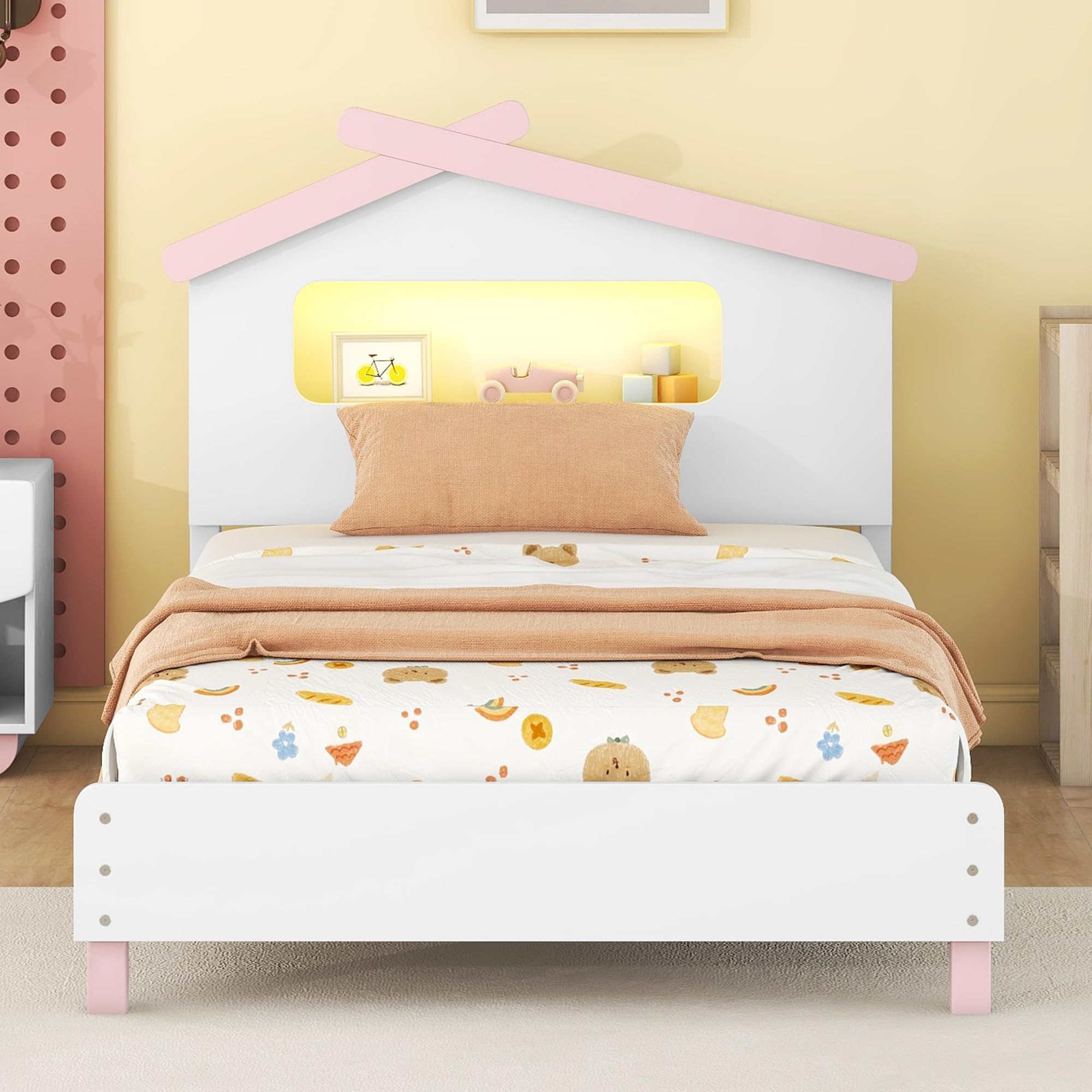 MERITLINE Full Size Bed Frame Wood Platform Bed with House-Shaped Headboard and Motion Activated Night Lights, No Box Spring Needed (White+Pink)