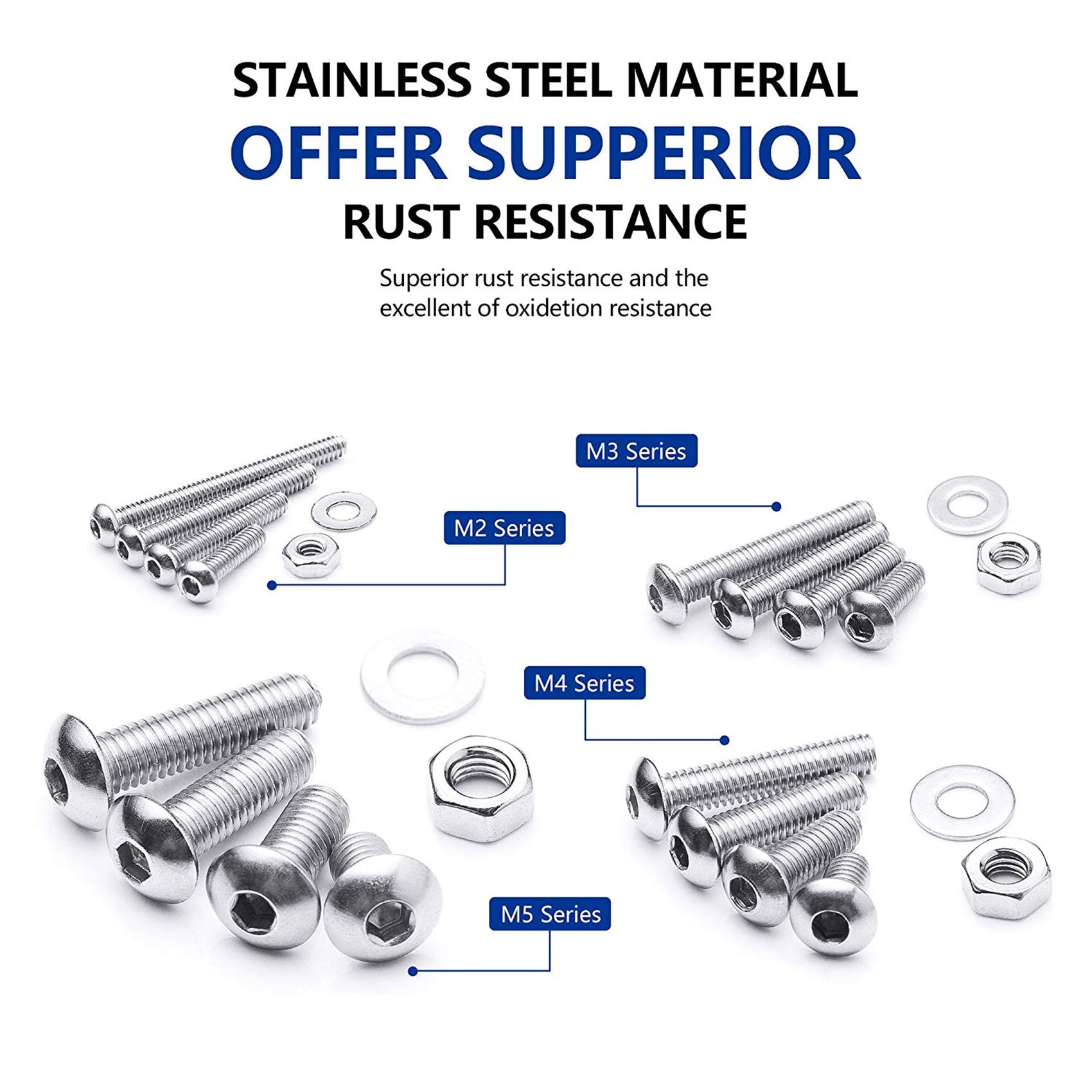 NINDEJIN Metric Button Head Socket Cap Screw Bolts & Flat Washers & Nuts Assortment Kit M2 M3 M4 M5 Stainless Steel Machine Screws Set and Wrench, 880 PCS