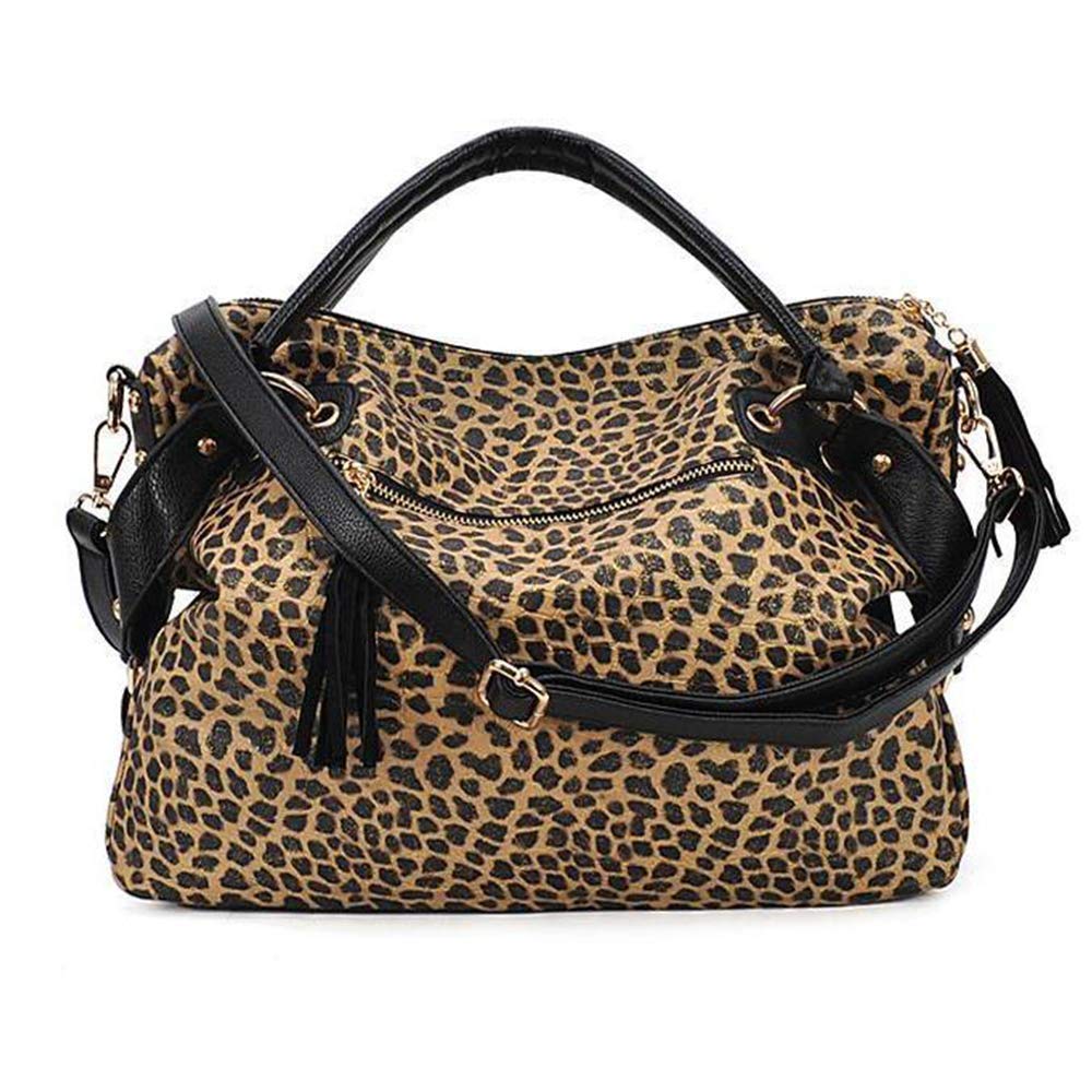 Cayla Women Leopard Print Shoulder Bag Totobag Large Hobo Purse with Tassel (Black)