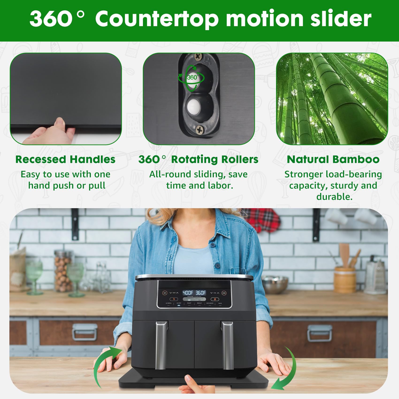 Appliance Slider 360° Rolling Tray for Coffee Maker Bamboo Coffee Pot Slider Tray for Countertop Rotation Sliding Tray with Wheels, Kitchen Appliances Mat Easily from Under The Cabinet (12.79"×15.75")