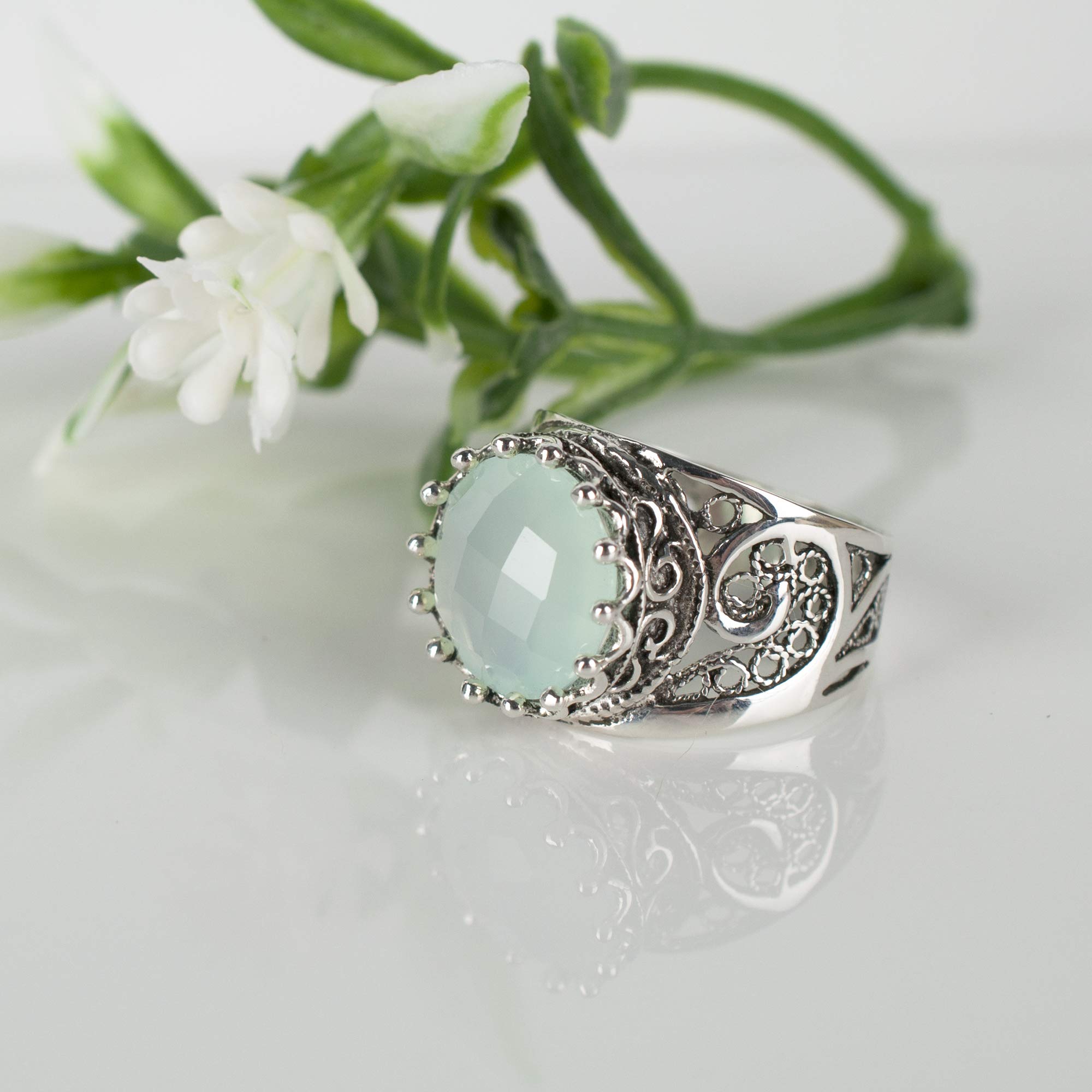 925 Sterling Silver Aqua Chalcedony Filigree Paisley Ring (Size 5-12) (6)