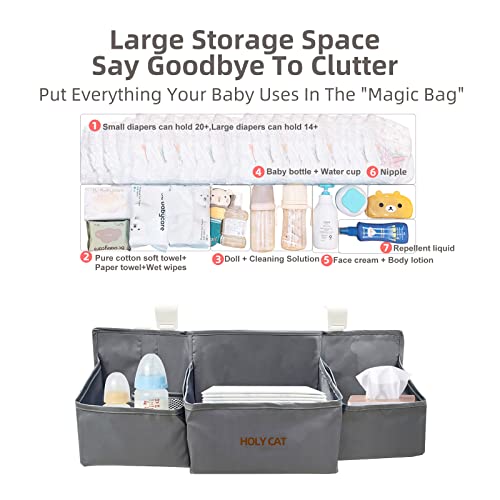 Holy Cat Hanging Baby Diaper Caddy Organizer with Paper Pocket for Changing Table Crib Playard Organization Nursery Organization Hanging Nursery-Grey…