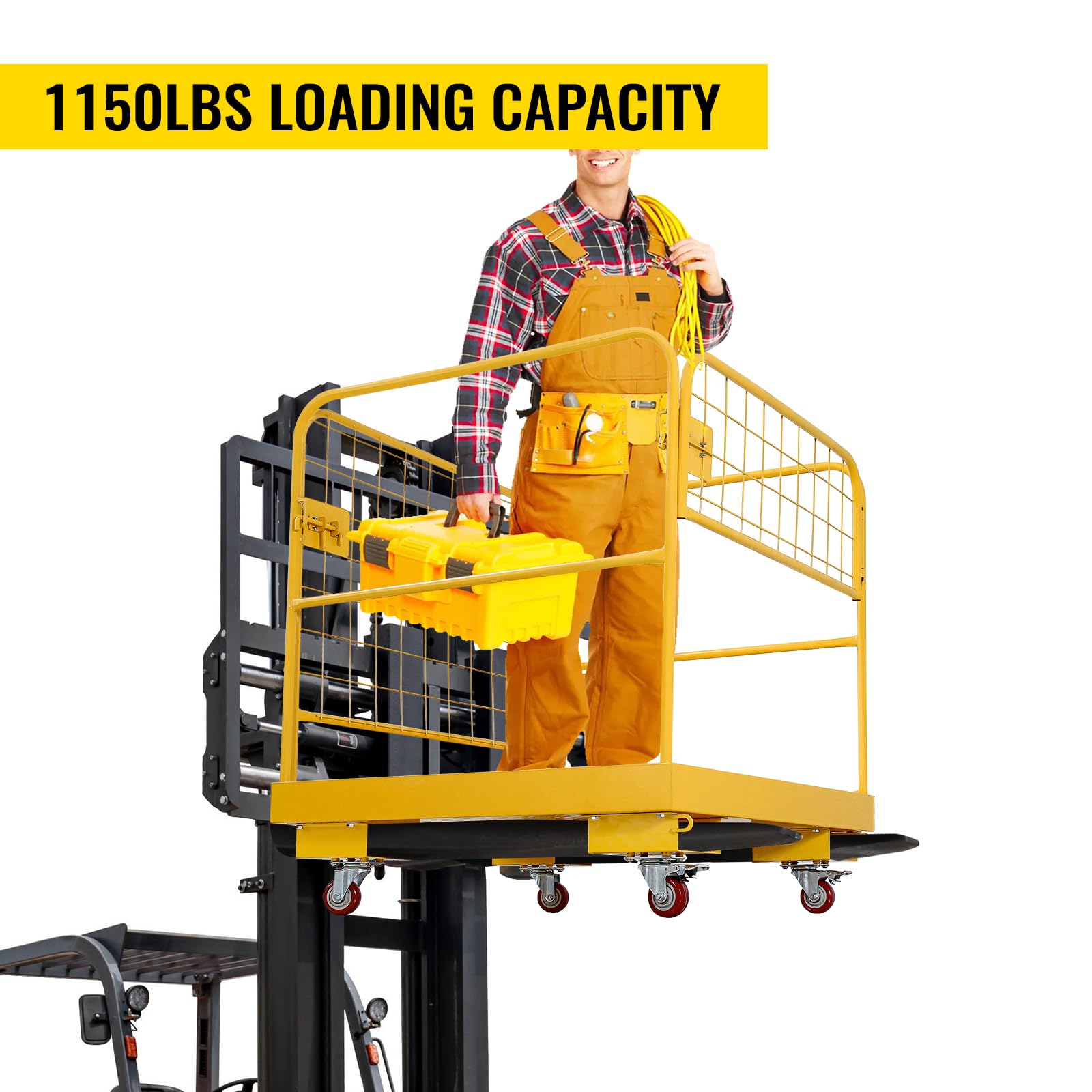 KODOM Forklift Safety Cage 36''x36'', Forklift Work Platform 1200LBS Capacity with 4 Universal Swivel Wheels, Collapsible Lift Basket Aerial Rails Aerial Platform