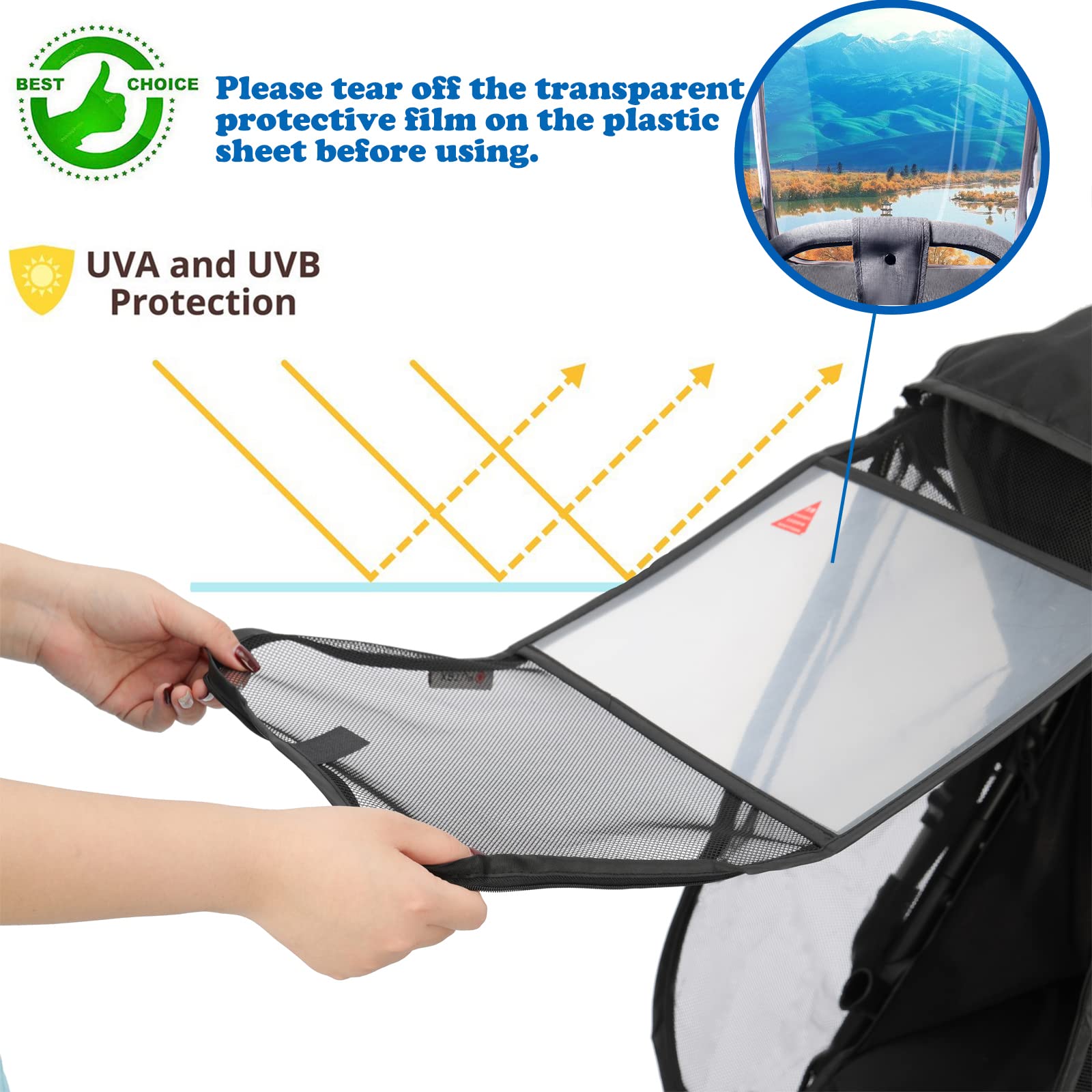 BAYWYI 3 in 1 Sun Shade and Mosquito Net for Stroller Sun Protection, Versatile Universal Double Zipper Baby Mosquito Net -
