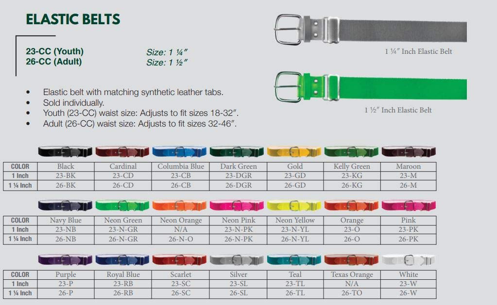 Adams Adjustable Elastic Baseball and Softball Belt, Youth, Silver