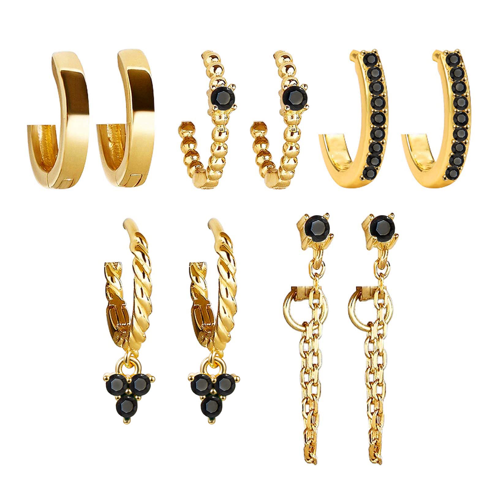 5 Pairs Gold Huggies Hoop Earrings Set for Women Girls Small Dangle Chain Hoop Earrings Jewelry for Gifts (Gold-Black)