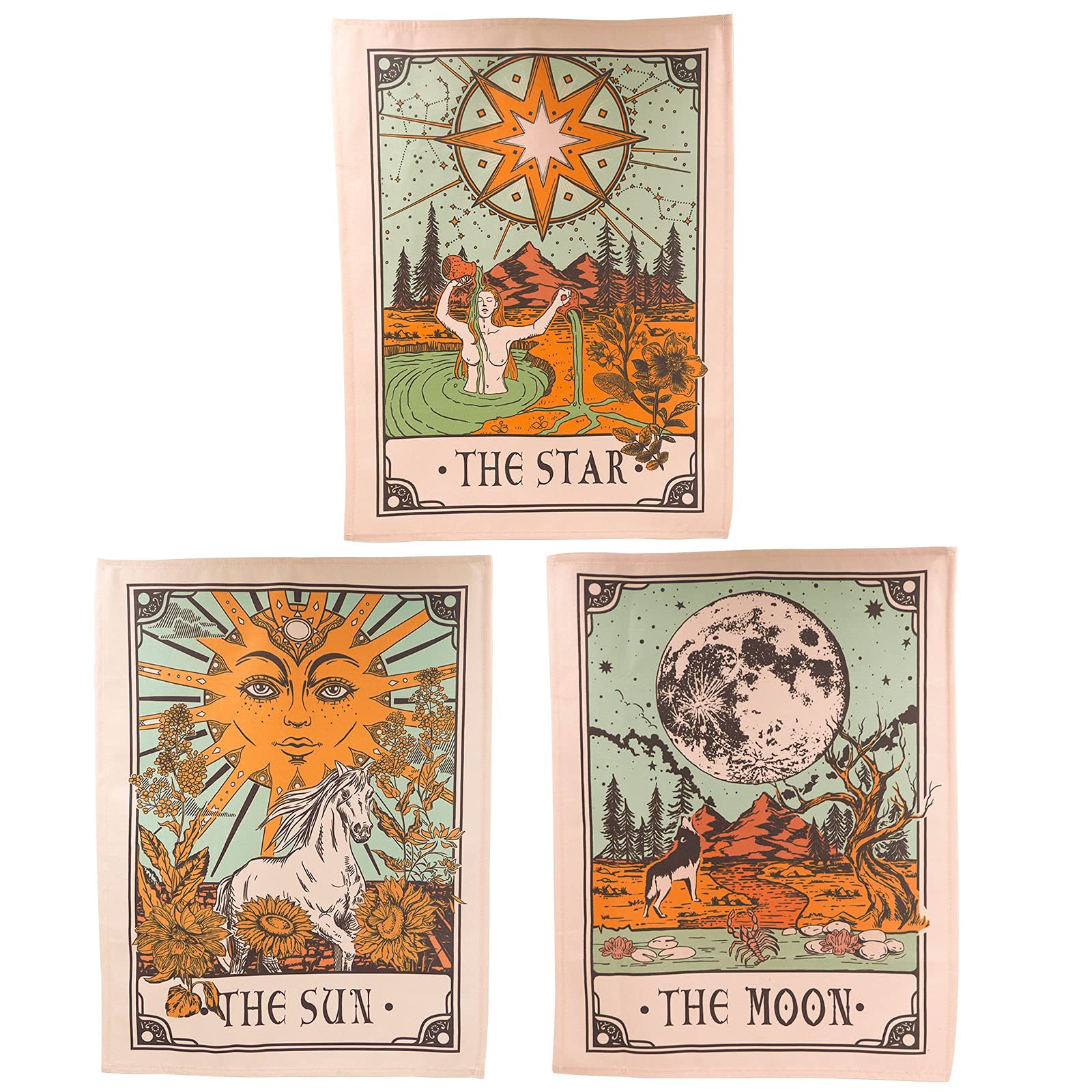 Accnicc 3 Pack Tarot Tapestry, Sun Moon and Star Tarot Card Tapestry, Brown and Beige Tapestry Wall Hanging, Vertical Vintage Aesthetic Wall Tapestry for Room with Steel Grommets (Brown, 20'' × 27'')