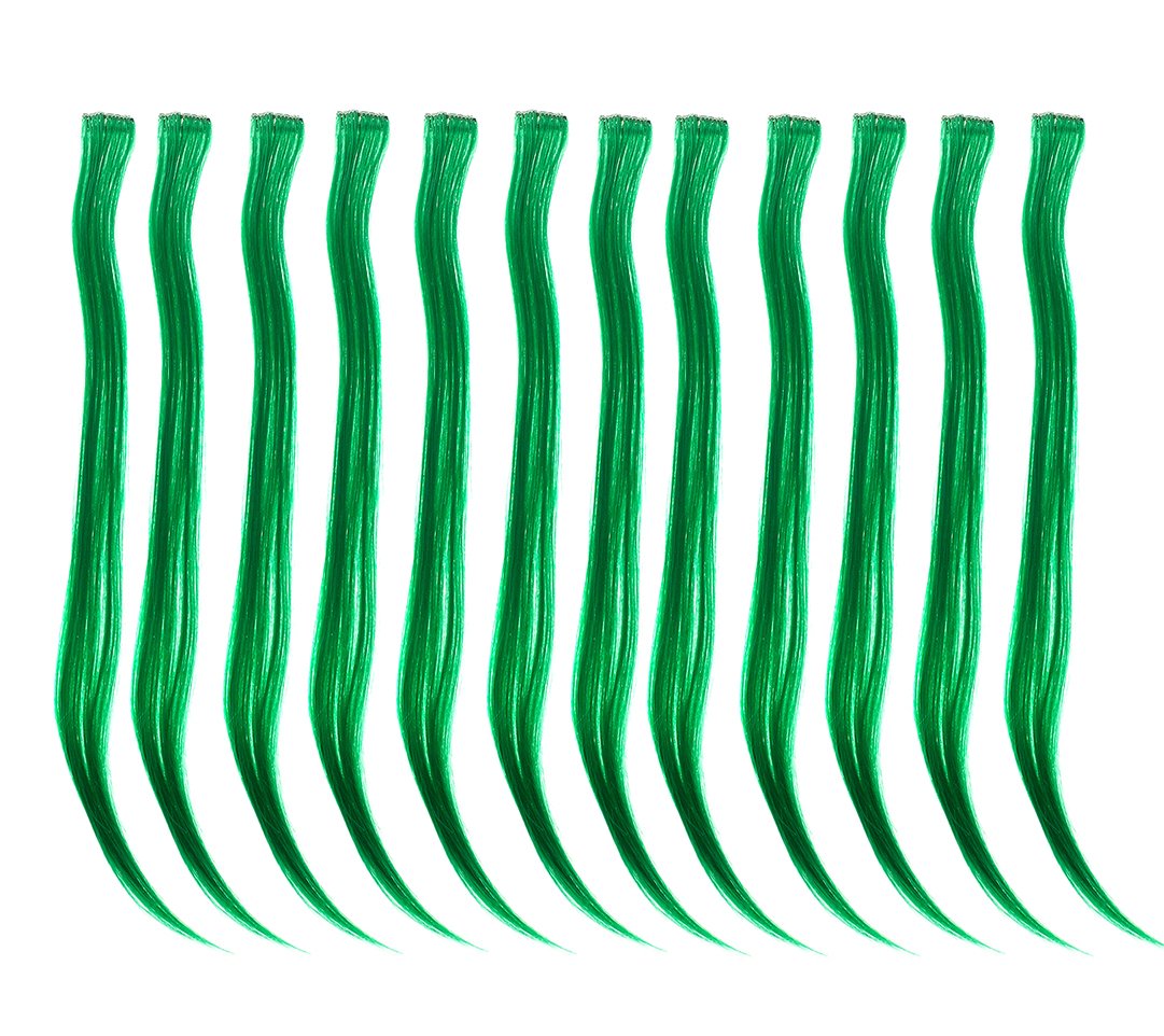 SWACC 12 Pcs Straight One Color Party Highlights Clip on in Hair Extensions Colored Hair Streak Synthetic Hairpieces (Green)
