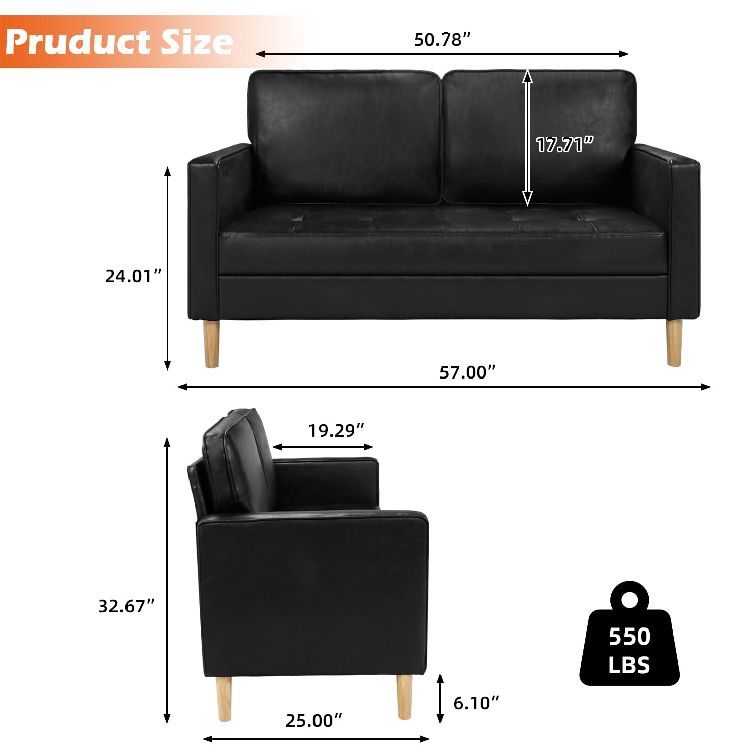 AILEEKISS 57'' Mid-Century Loveseat Faux Leather Sofa Couch with Armrest for Two People Modern 2 Seat Sofa for Living Room (2-Seater, Black)