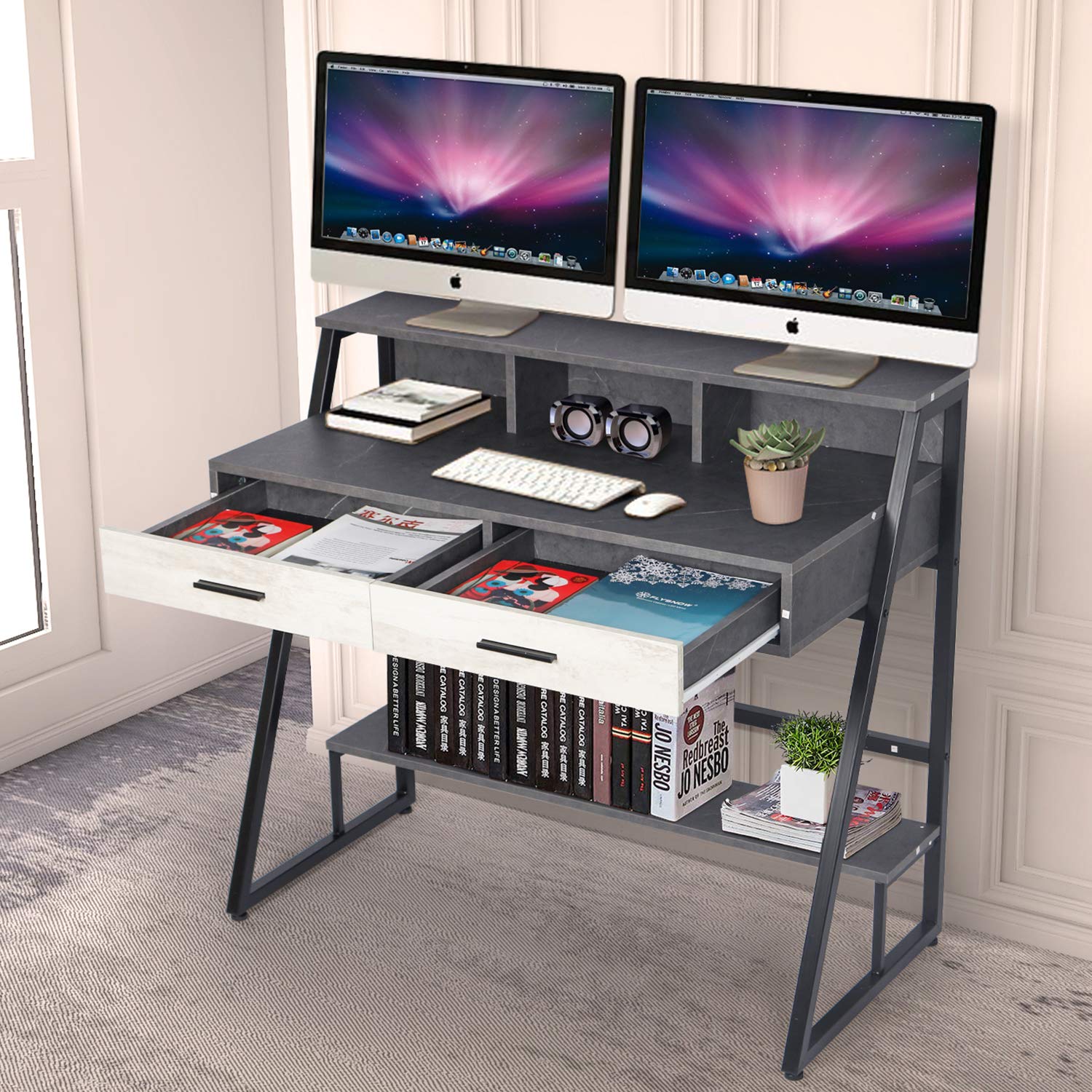 AILEEKISS Modern Computer Laptop Desk with Hutch and Bookshelf Study Writing Desk with Two Drawers Simple Workstation Home Office Desk Vanity Makeup Table (Cement Gray)