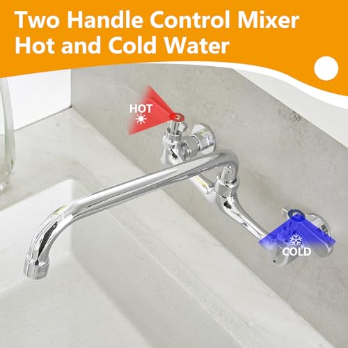 BATHLAVISH Wall Mount Kitchen Sink Faucet 8β Commercial Center Double Handle Bar Laundry Utility Swivel Spout Chrome Mixer Tap