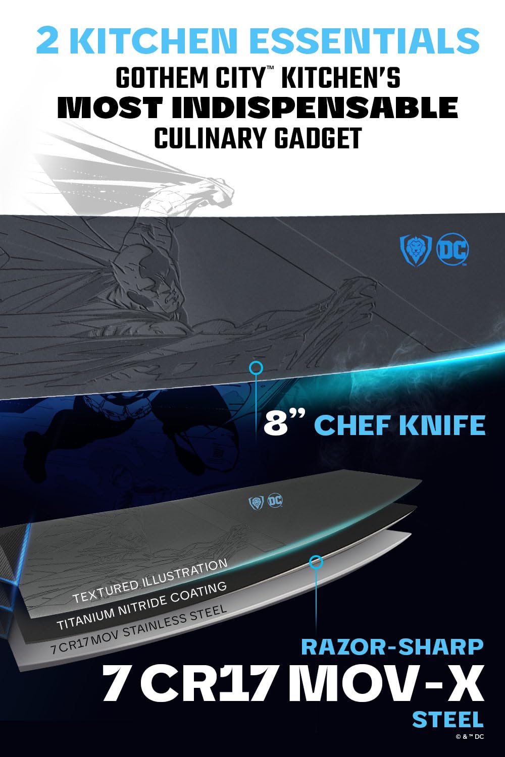Dalstrong Knife Set-2pc-BATMAN™ DC Licensed SBS Edition-8" Chef Knife 3.75" Paring Knife-7Cr17MoV Steel-Giftable Black Titanium Kitchen Knife-DC Batman Set-G10 Handle-Sheath-Comic Figures