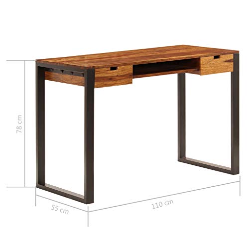 vidaXL Computer Desk with 2 Drawers,Writing Desk Study Table Office Desk Workstation Home Office Desk for Study Room, Bedroom, Living Room, Office Room,43.3"x21.7"x30.7" Solid Sheesham Wood and Steel
