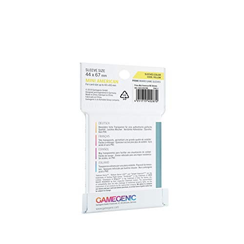 Prime Board Game Sleeves | Pack of 50 Extra-Clear Sleeves | 44 by 67 mm Card Sleeves Optimized for Mini American Card Games | Premium Card Protection | FFG Yellow Color Code | Made by Gamegenic