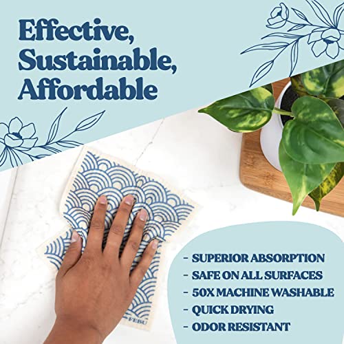 FEBU Swedish Dishcloths for Kitchen | 5 Pack Japanese Pattern Swedish Dish Towels | Reusable Paper Towels Washable | Non-Scratch Cellulose Sponge Cloths | No Odor, Biodegradable, Swedish Cloths