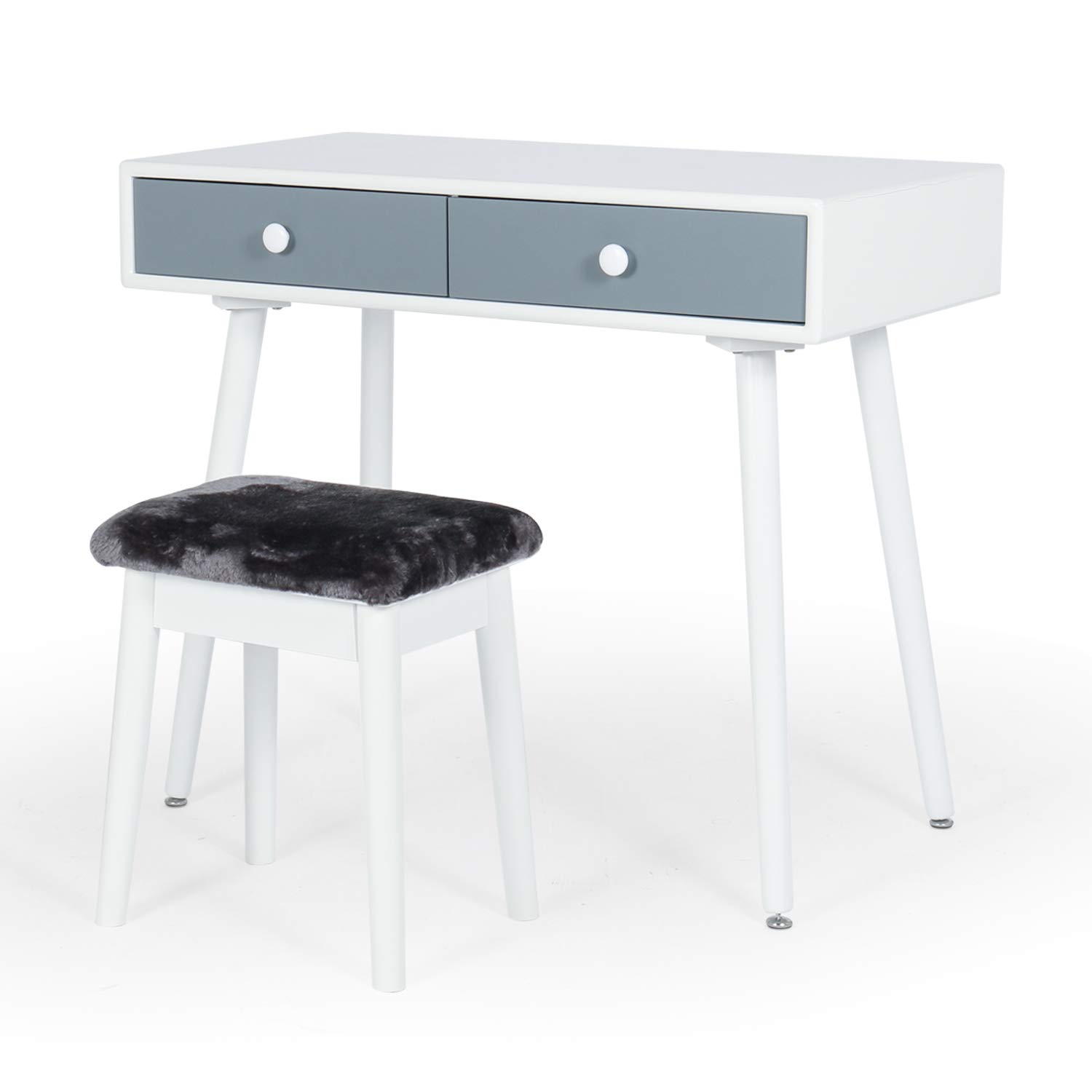 AILEEKISS Writing Computer Desk with 2 Storage Drawers Desk and Chair Set Student Study Reading Workstation Makeup Vanity Desks with Stool for Bedroom Home Office (White&Grey)
