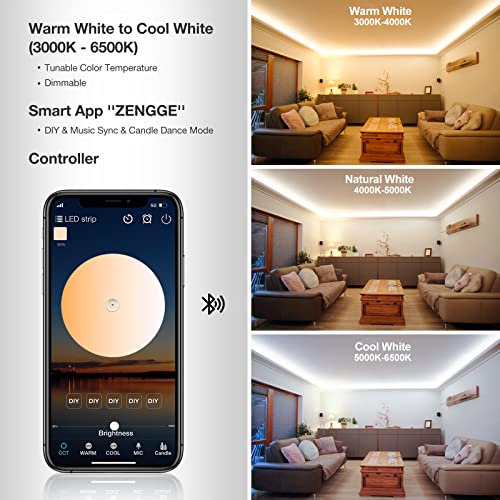 CT CAPETRONIX LED Strip Lights, 3000K-6500K Tunable White LED Light Strip, 16.4ft 300LEDs 600Chips Smart App&Controller Music Sync DIY Candle Mode Dimmable Bright LED Tape Lights for Bedroom,Kitchen