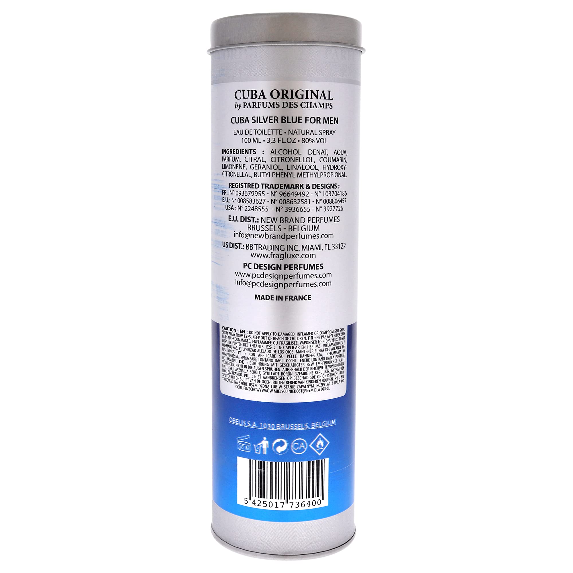 Cuba Silver Blue Eau de Toilette Spray for Men, 3.3 Ounce, brown