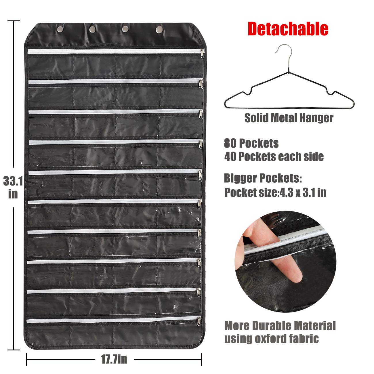 BB Brotrade Hanging Jewelry Organizer with Oxford Double Side 80 Zippered Storage Pocket (black)