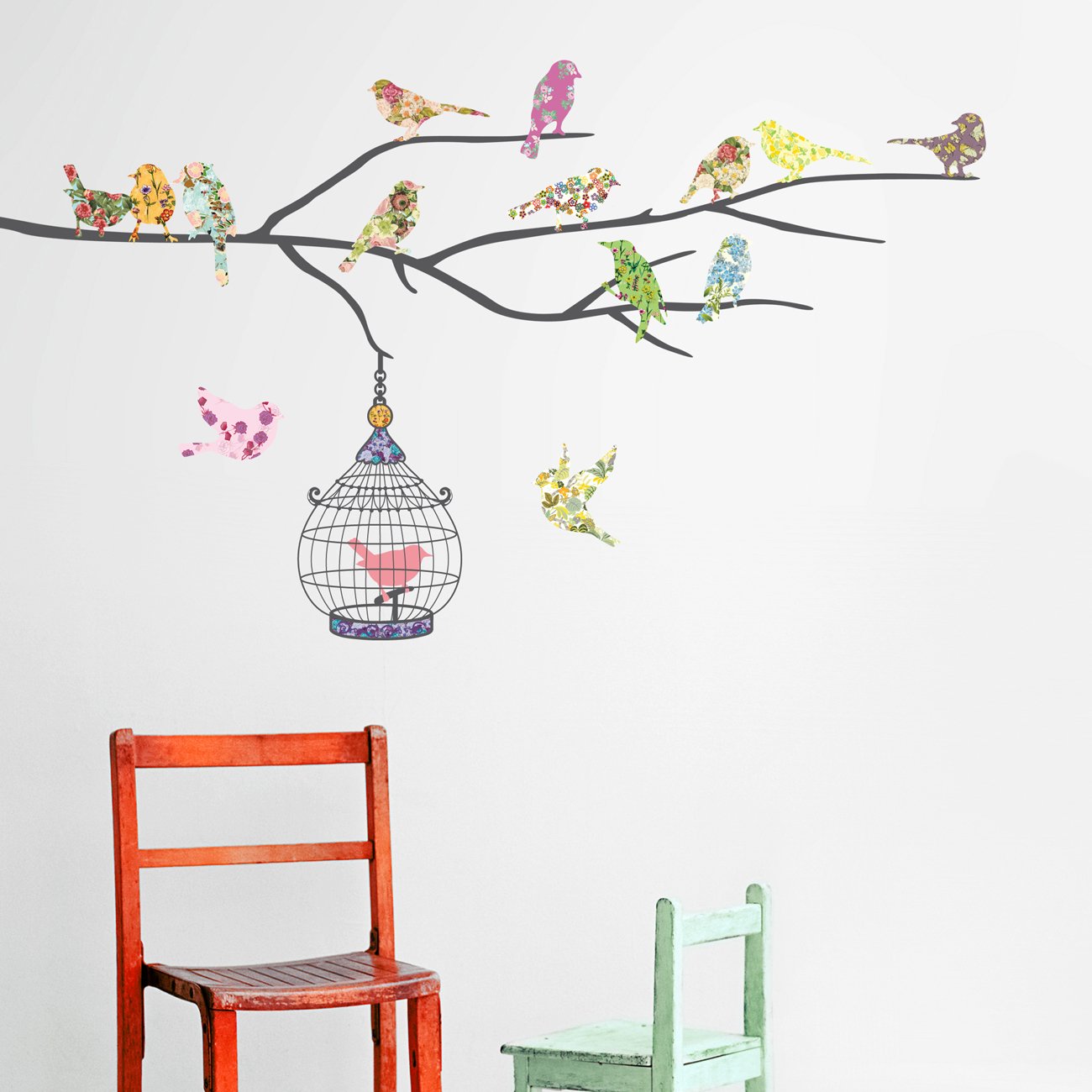DECOWALL DW-1202 14 Birds on a Branch Kids Wall Stickers Wall Decals Peel and Stick Removable Wall Stickers for Kids Nursery Bedroom Living Room