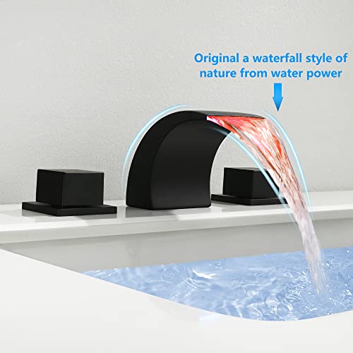 Bathroom Faucet 3 Hole Waterfall Widespread 2 Handle Vanity Sink Faucet with LED Color Changing, SKOWLL Matte Black