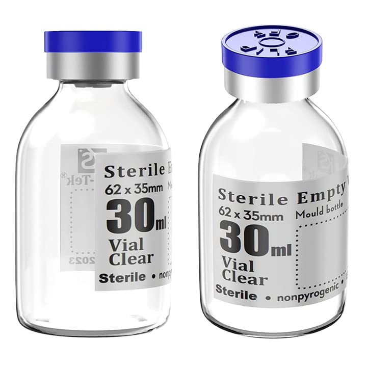 Biocomma 30ml 10pcs Sterile Empty Vial with Plastic Aluminum Flip Off Caps,Penicillin Bottle 20mm Crimp Top Sterile Transparent Borosilicate Lab Sample Vial (Transparent)