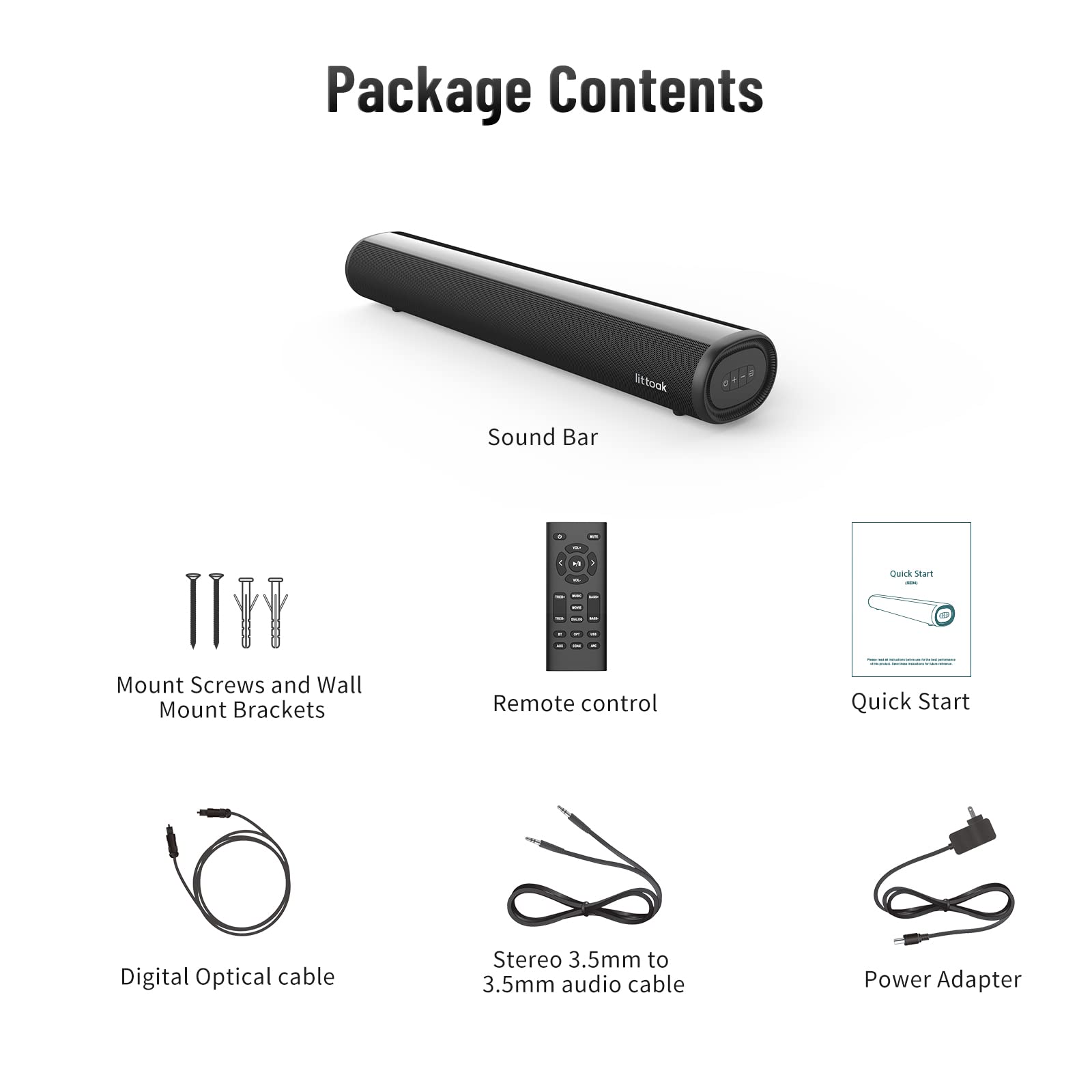 littoak Small Sound Bar for TV, Soundbar with Bluetooth 5.0/HDMI/Optical/USB/AUX/Coax Connection, 50 Watt 16 Inch Soundbars for Home Theater, Wall Mountable (SE04)