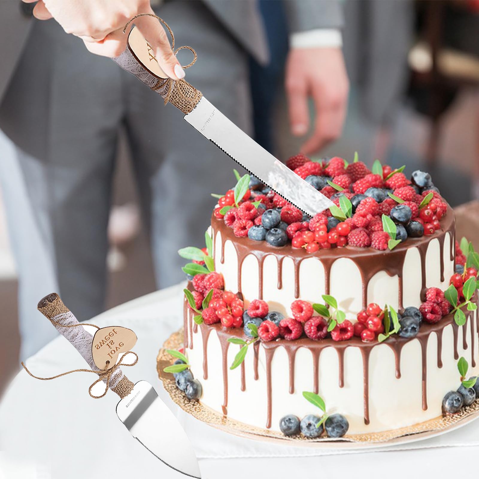 Golden Strawberry 2 PCS Cake Knife and Server Set β Stainless Steel Cake Cutting Set for Cutter Pie Spatula Birthday Anniversary Christmas Gift