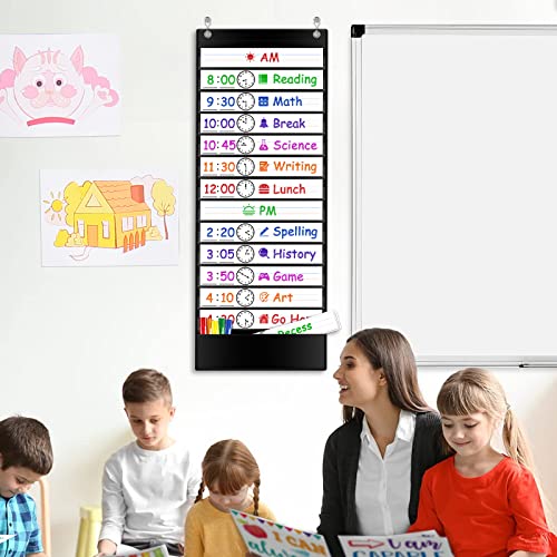 VNOM Daily Schedule Pocket Chart, Class Schedule with 13+1 Pockets 18 Dry Eraser Cards 2 Easy Over Door Mountings for Classroom, School, Office or Home (13β x 35.5β) (BLACK)