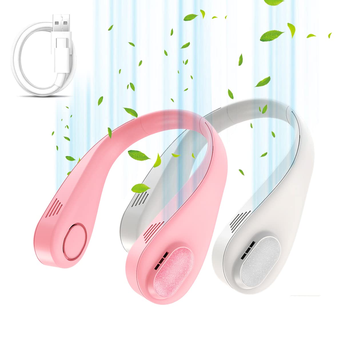 HUAYU, Personal Fan Neck, Neck Fans Portable Rechargable Prime, Portable Neck Fan Rechargeable, USB Powered Fan, 3 Speeds Hands free Neck Fan for Sporting and Outdoor activities (White&Pink)