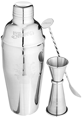 5 pc. Cocktail Shaker Bar Set by Tom Bullock's, The Original Tastemaker: 25 oz Stainless Steel Shaker, Double Measuring Jigger, Stirrer/Mixer Spoon, Strainer and Ice Tongs. Become The Ideal Bartender!