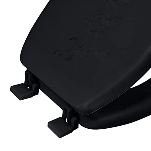Bath Bliss Extra Soft Standard Round Toilet Seat | Decorative Vinyl Lid | Fits 16.5β Seats | Adjustable Quick Screw Attach Non-Slip Hinges | Bathroom | Black