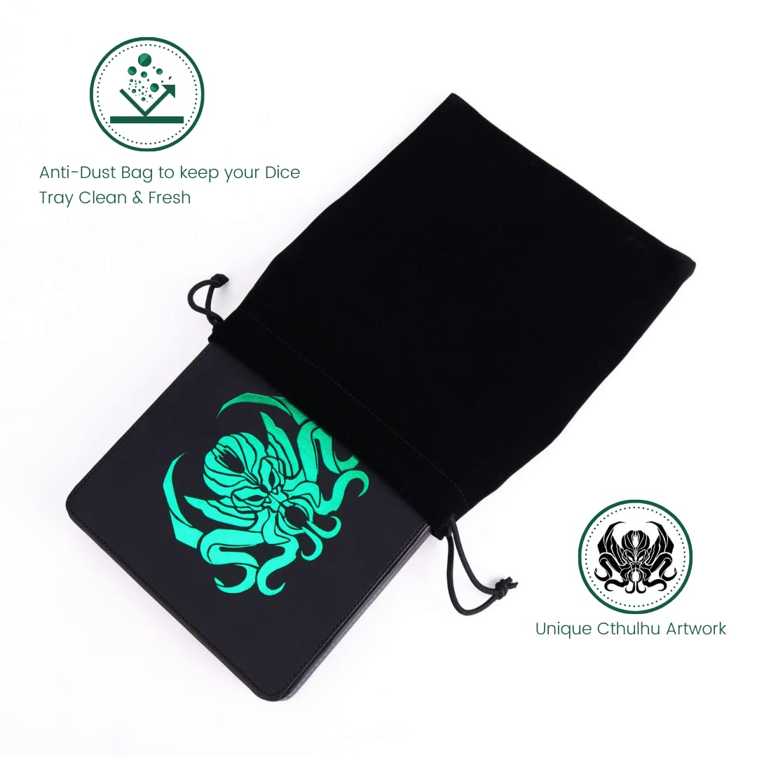 Guarida Dice - 7" Rolling Dice Tray with Strong Magnetic Lid and Rolling Surface - Ample Storage and Case Organizer for All Your Dice and Minis! Perfect for DND or Any Dice RPG Games - Green Cthulhu