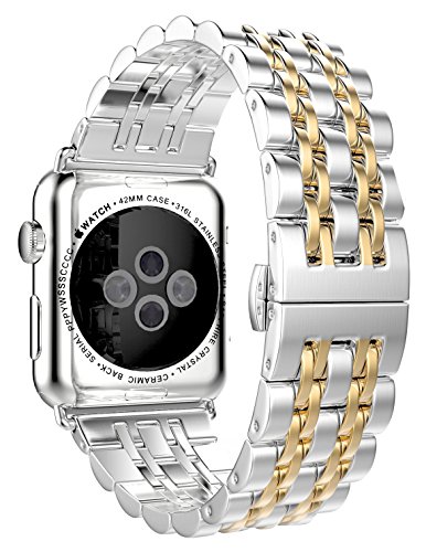 HUANLONG Compatible with Apple Watch Band, Solid Stainless Steel Metal Replacement Watchband Bracelet with Compatible with iWatch Series 1/2/3/4/5/6/7 (LS 38/40/41mm Silver/Gold)