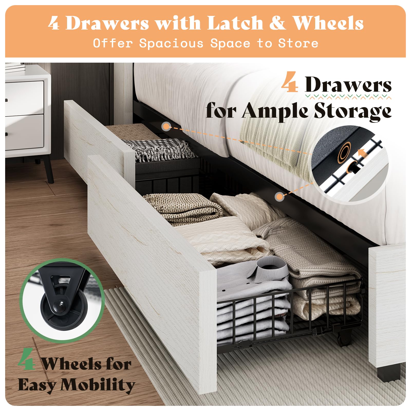 AMERLIFE King Size Bed Frame with 4 Storage Drawers, Upholstered Bed Frame with 47.2" Bookcase Headboard, Wooden Platform Bed with Charging Station/No Box Spring Needed/White
