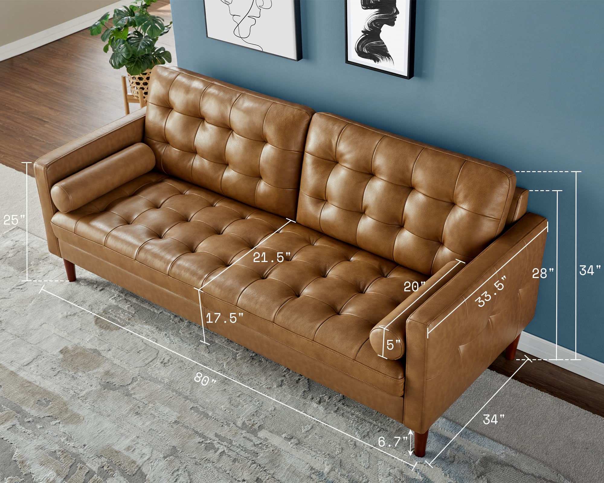 AMERLIFE Leather Sofa, 3 Seater Genuine Leather Sofa, Mid-Century Leather Sofa, Comfy Couch for Living Room-Dark Brown Leather Sofa Couch