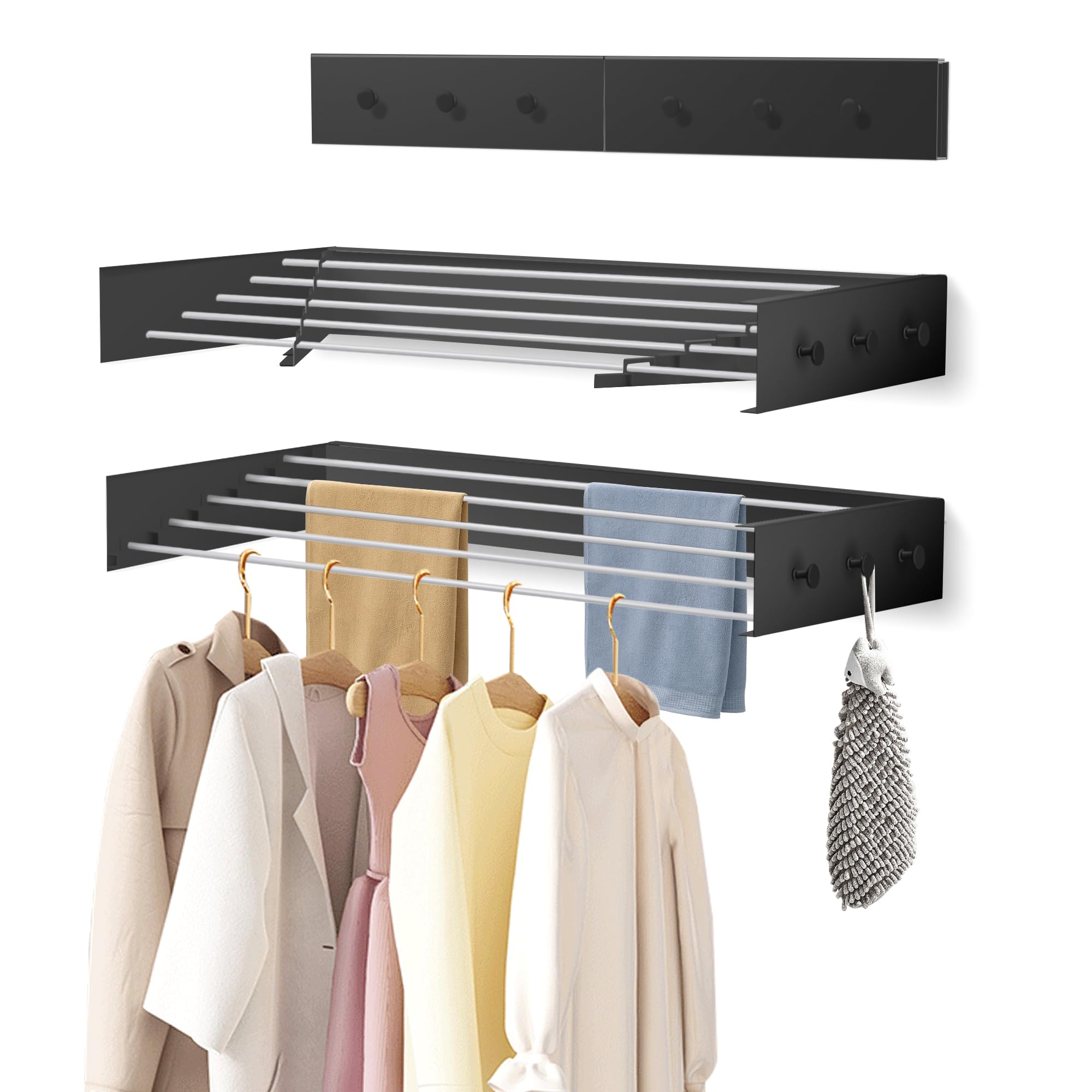 Qidordour Wall Mounted Clothes Drying Rack, Collapsible Laundry Rack with 6 Towel Hooks, Foldable Clothes Airer, 39.4 Inch 5-Rod Retractable Washing Line for Indoor Outdoor, Drying Space Saver, Black