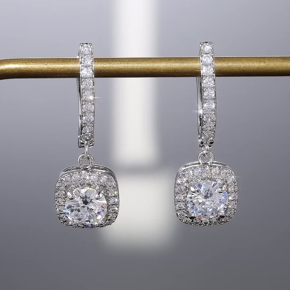 Aioweika Hoop Earrings for Women Exquisite Micro-Set Zircon Ear Buckles Shiny Temperament Earrings Square Dangle Earring