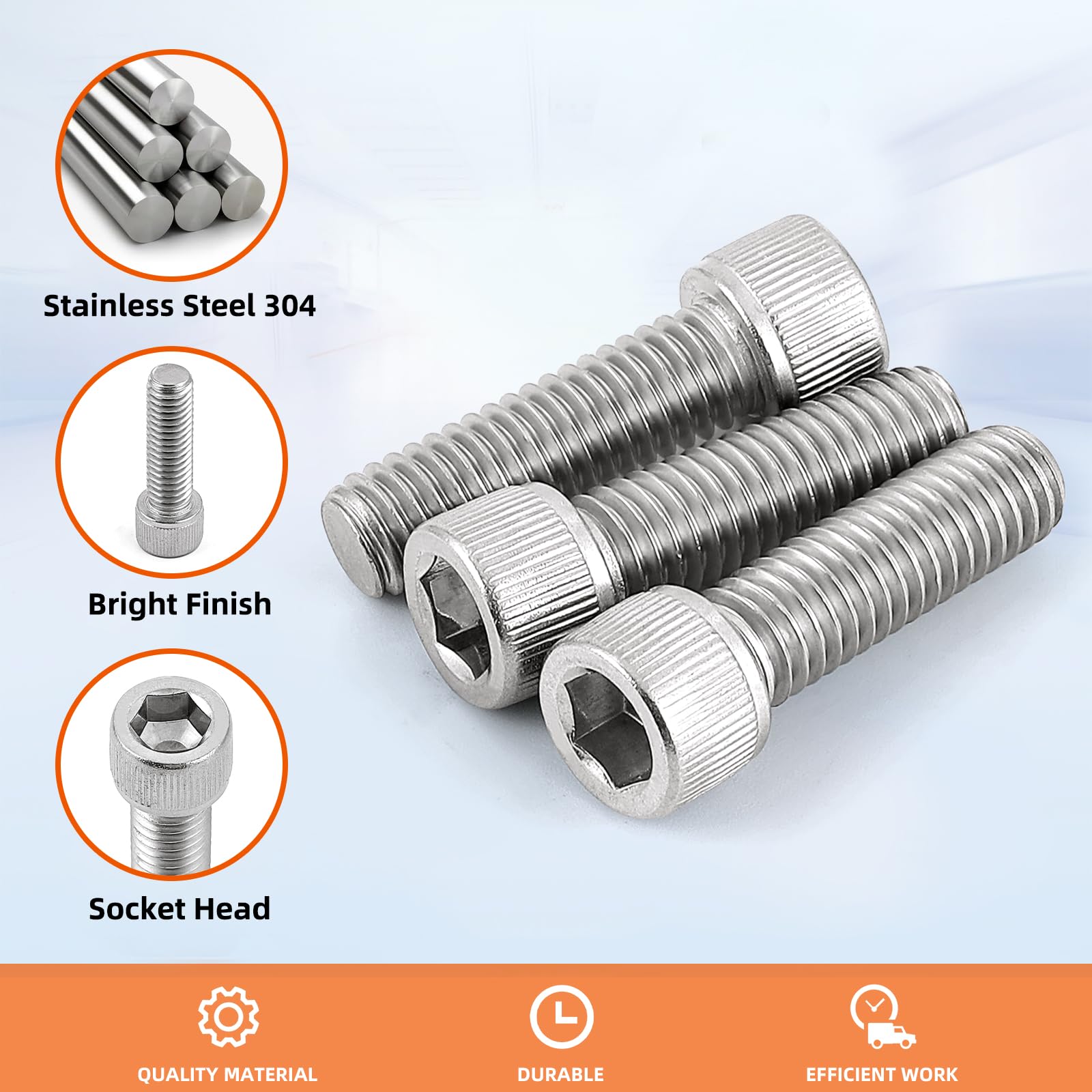 M8-1.25 x 50mm Socket Head Cap Screws, Allen Socket Drive, Stainless Steel 304, Full Thread, Bright Finish, 5 PCS
