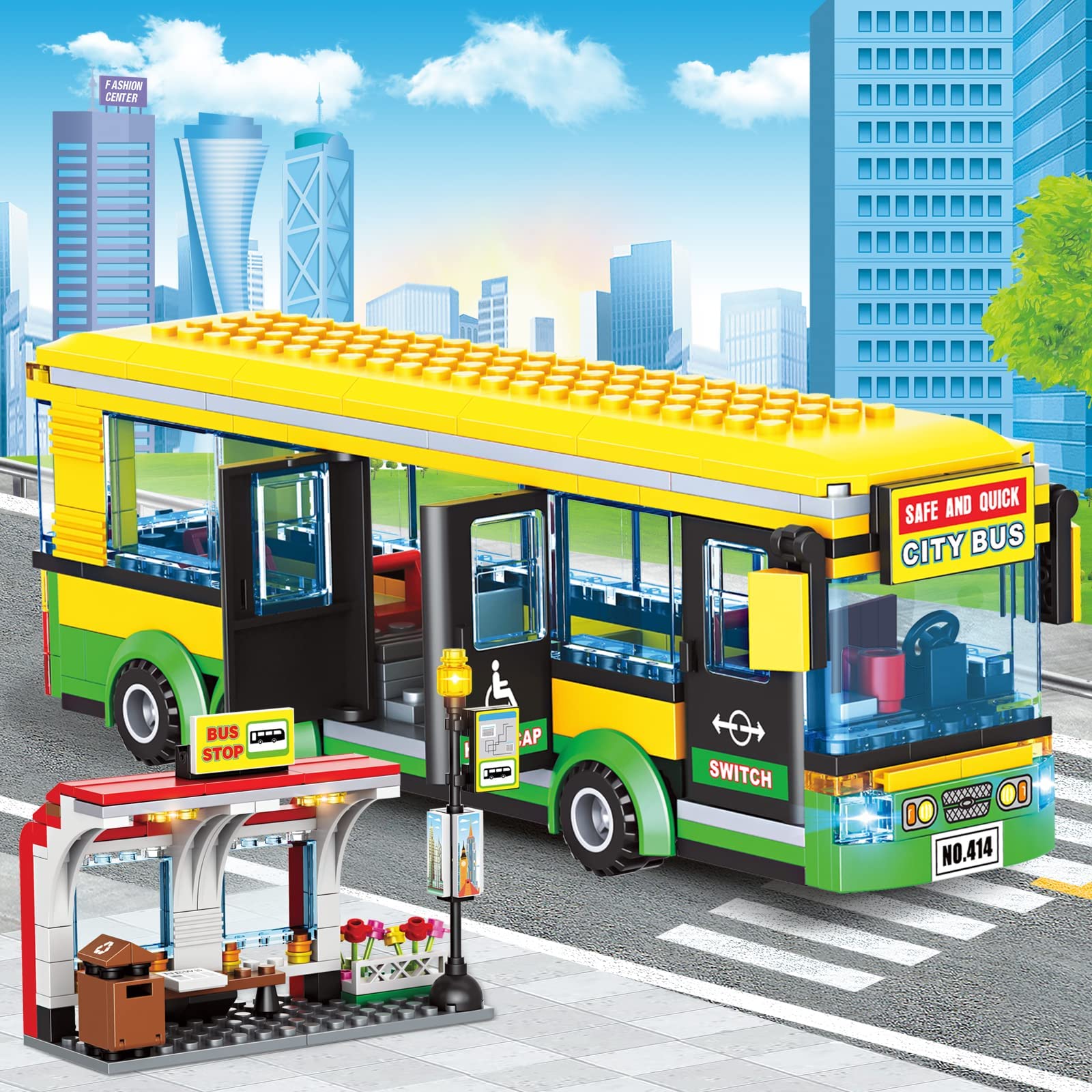 City Town Bus Station Building Block Set - 386 Pieces, Educational Learning Creative STEM Bus Toy, Ideal Gift for Kids, Boys, and Girls Ages 6 and Up