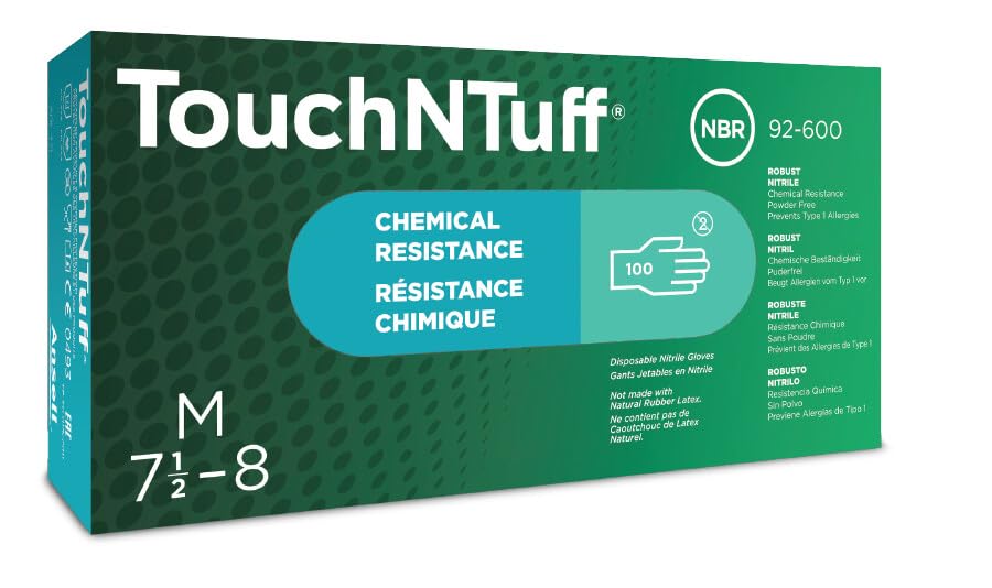 Ansell TouchNTuff 92-600 Nitrile Lightweight Glove with Beaded Cuff, Chemical/Splash Resistance, Powder Free, 4.7mil Thickness, 240mm Length, Size 9, Green (Box of 100)
